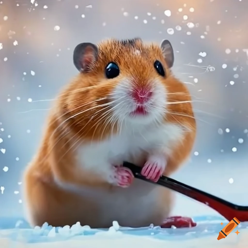 Hamster plays hockey, winter, pleasant morning lighting