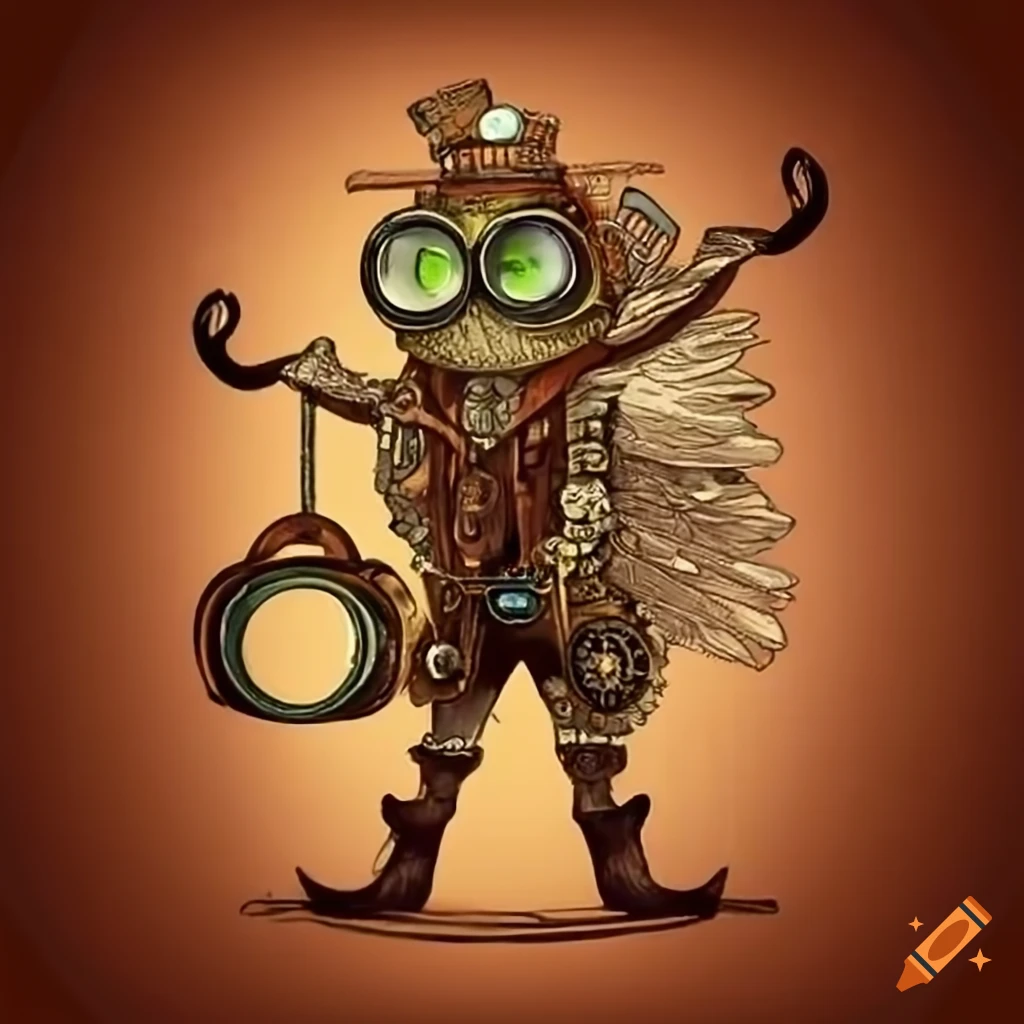 A steampunk-style anthropomorphic fly with mechanical wings and goggles