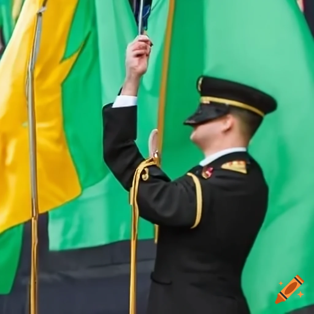 Soldier raising a green flag during a military ceremony on Craiyon