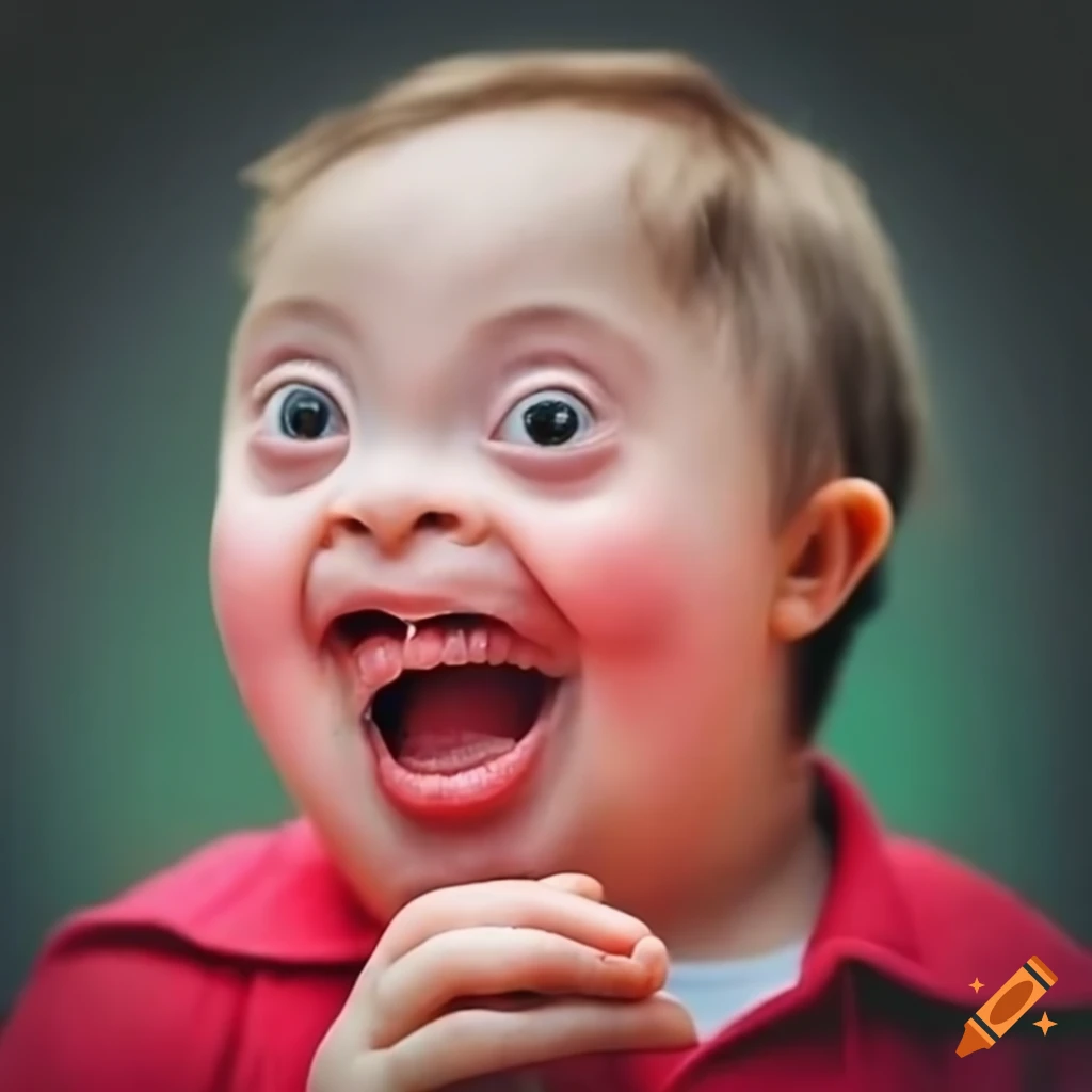 A child with Down's syndrome smiles, you can see his teeth on Craiyon