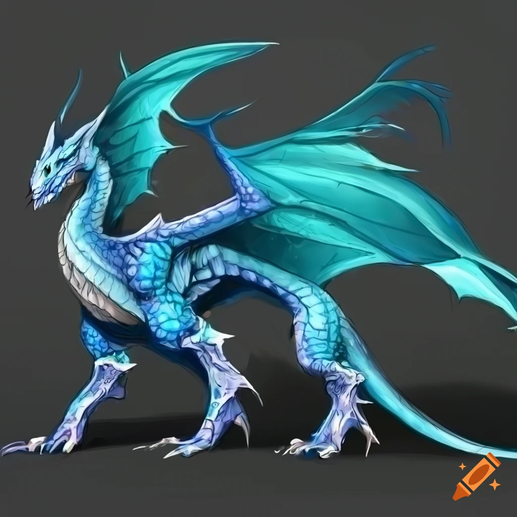 Dragon concept design, full body blue and cyan coloured, side view