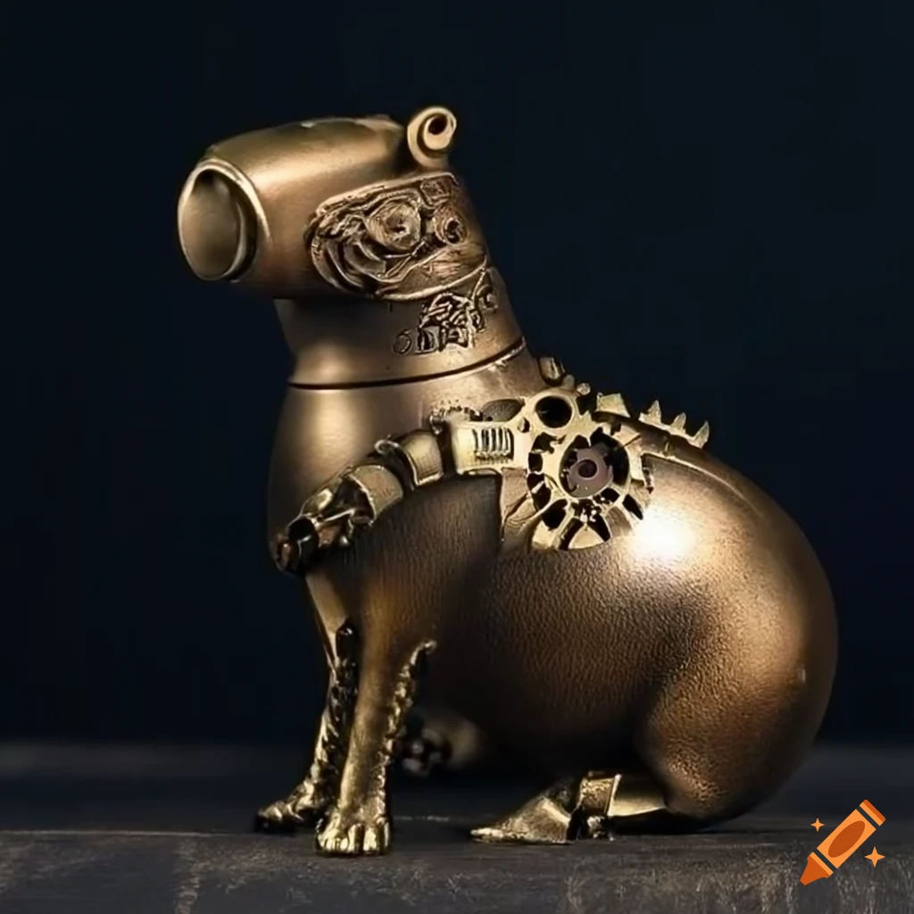 Steampunk mechanical capybara made of bronze-copper colored metallic alloy