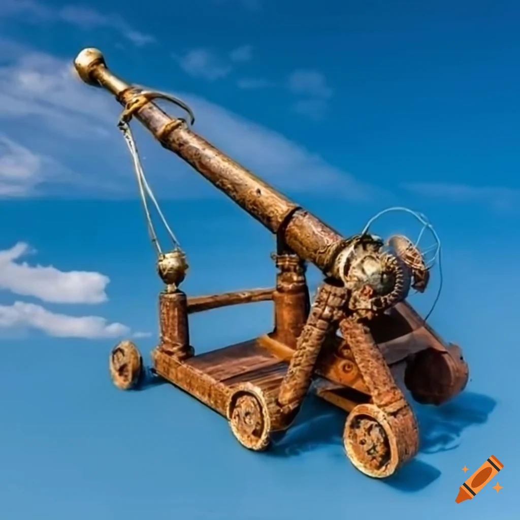 Steampunk tone. steam powered catapult blue sky and puffy clouds in ...