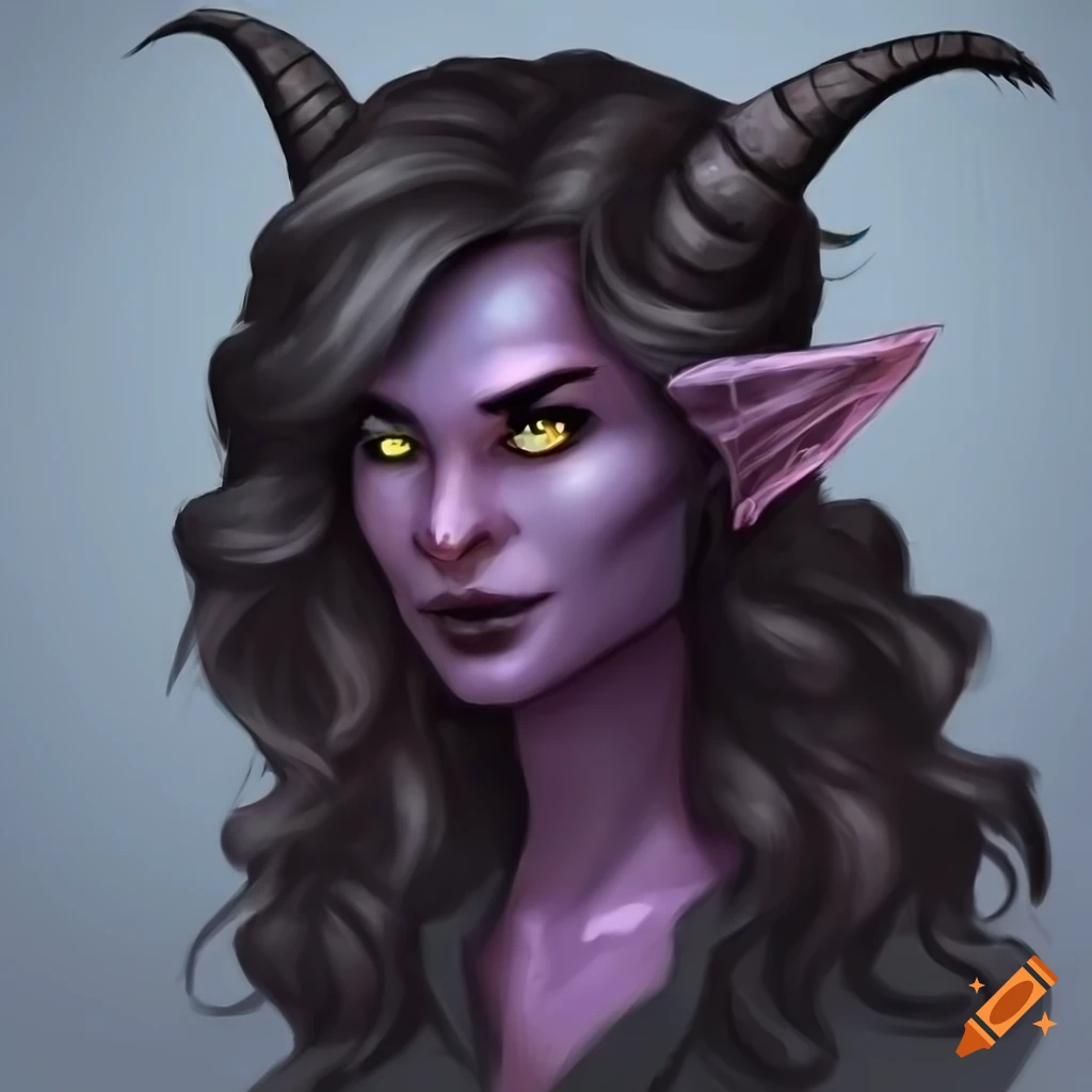 Dungeons and dragons, female handsome tiefling, grey skin, black wavy ...
