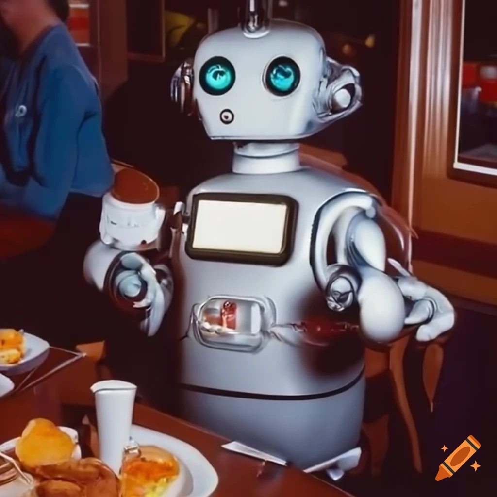 Robot eating egg foo young in diner. 1980s style photograph on Craiyon