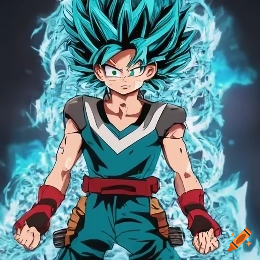 Deku with blue SSJ hair and a powerful aura, high definition on Craiyon