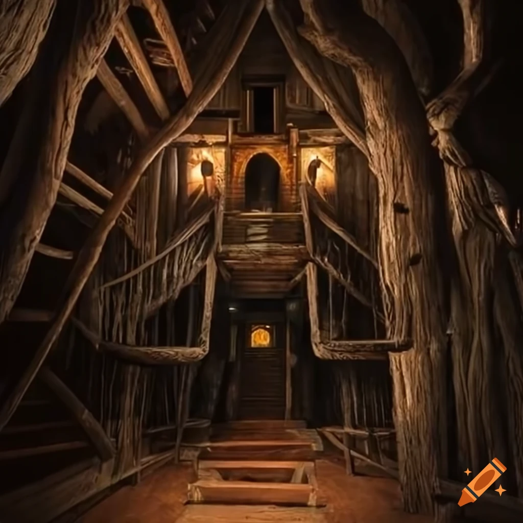 Inside a large and dark themed tree house on Craiyon