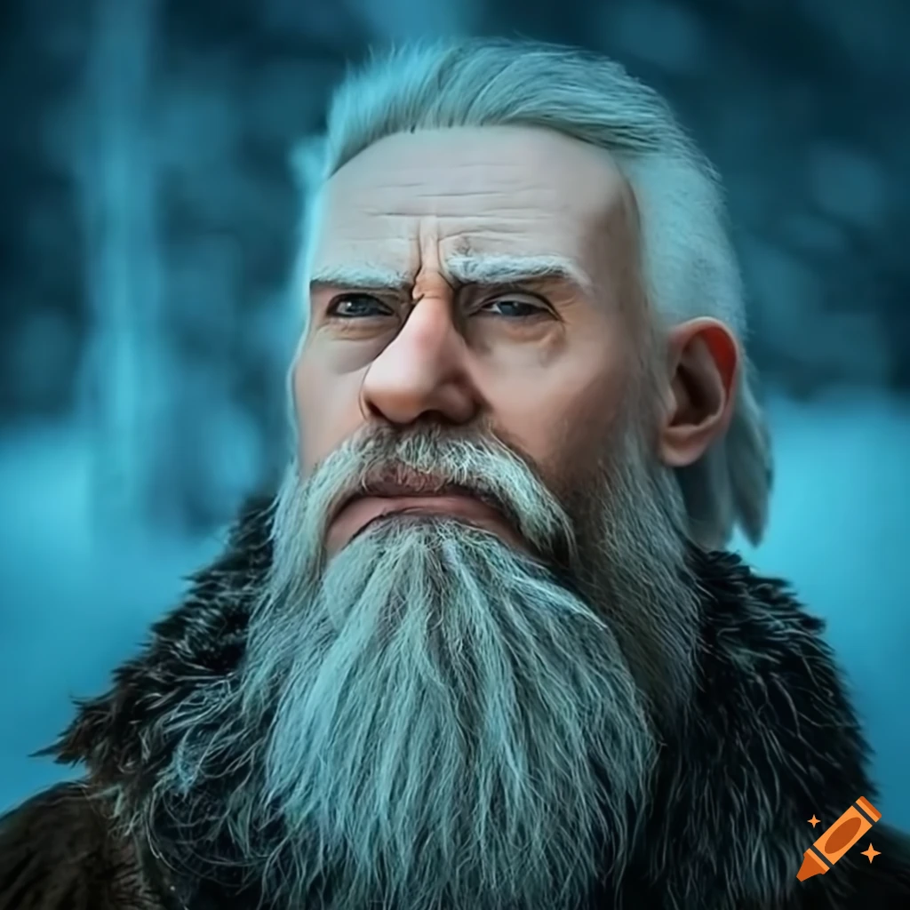 A 40 year man with white beard sitting in a ice age, straight looking ...