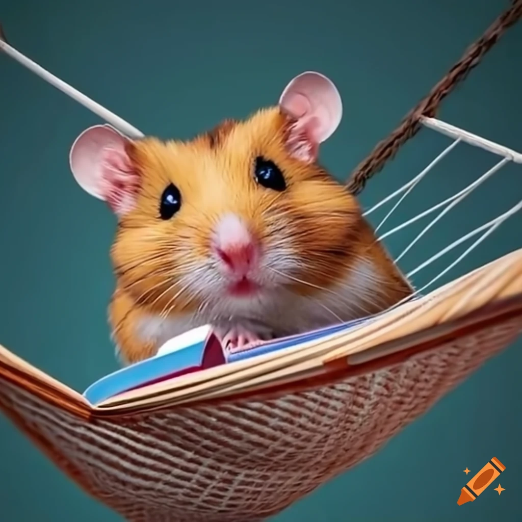 Hamster reading book in hammock