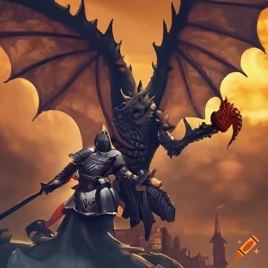 A determined knight riding a fierce dragon towards a majestic castle on ...