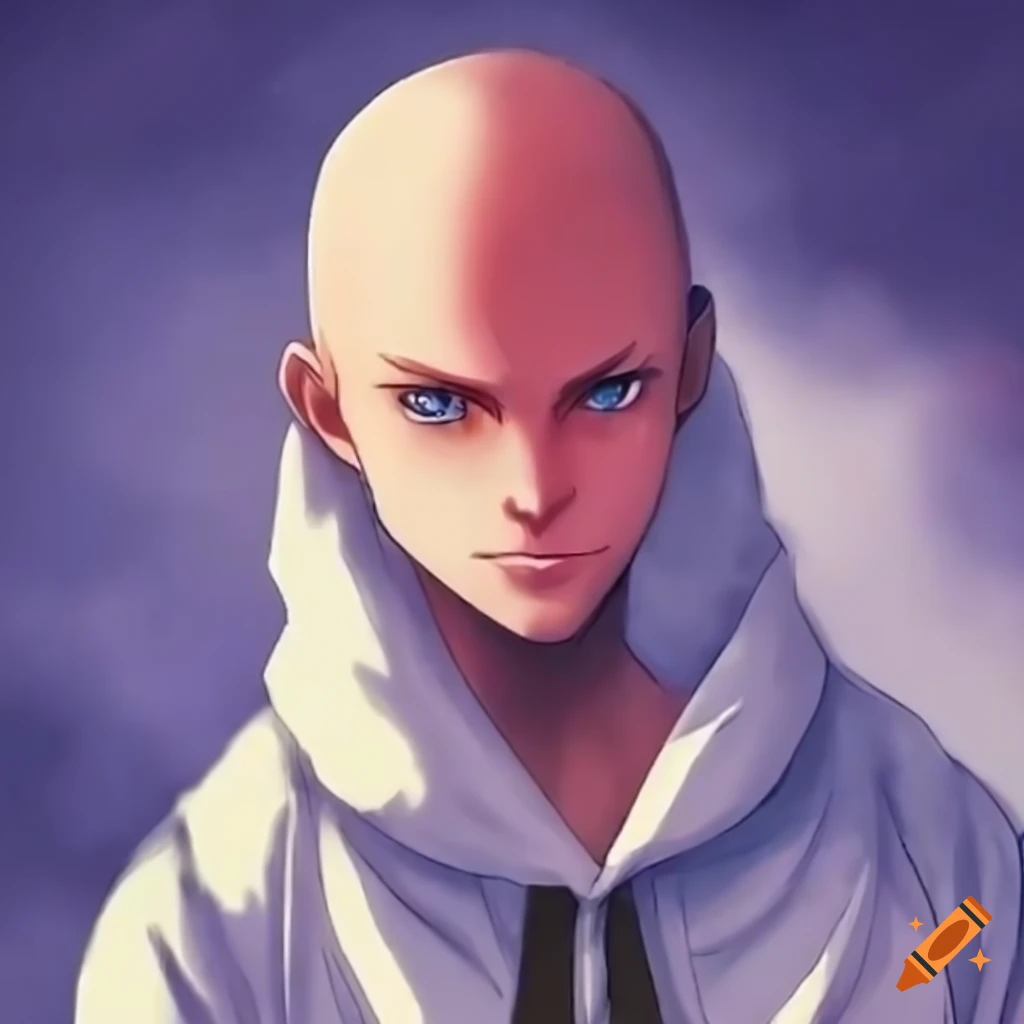 Anime character in a kh org 13 coat but white hood down, bald