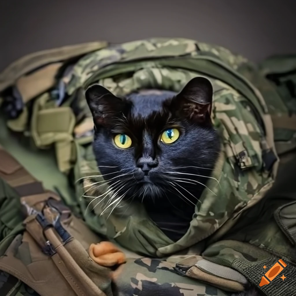 Black cat in military gear on Craiyon