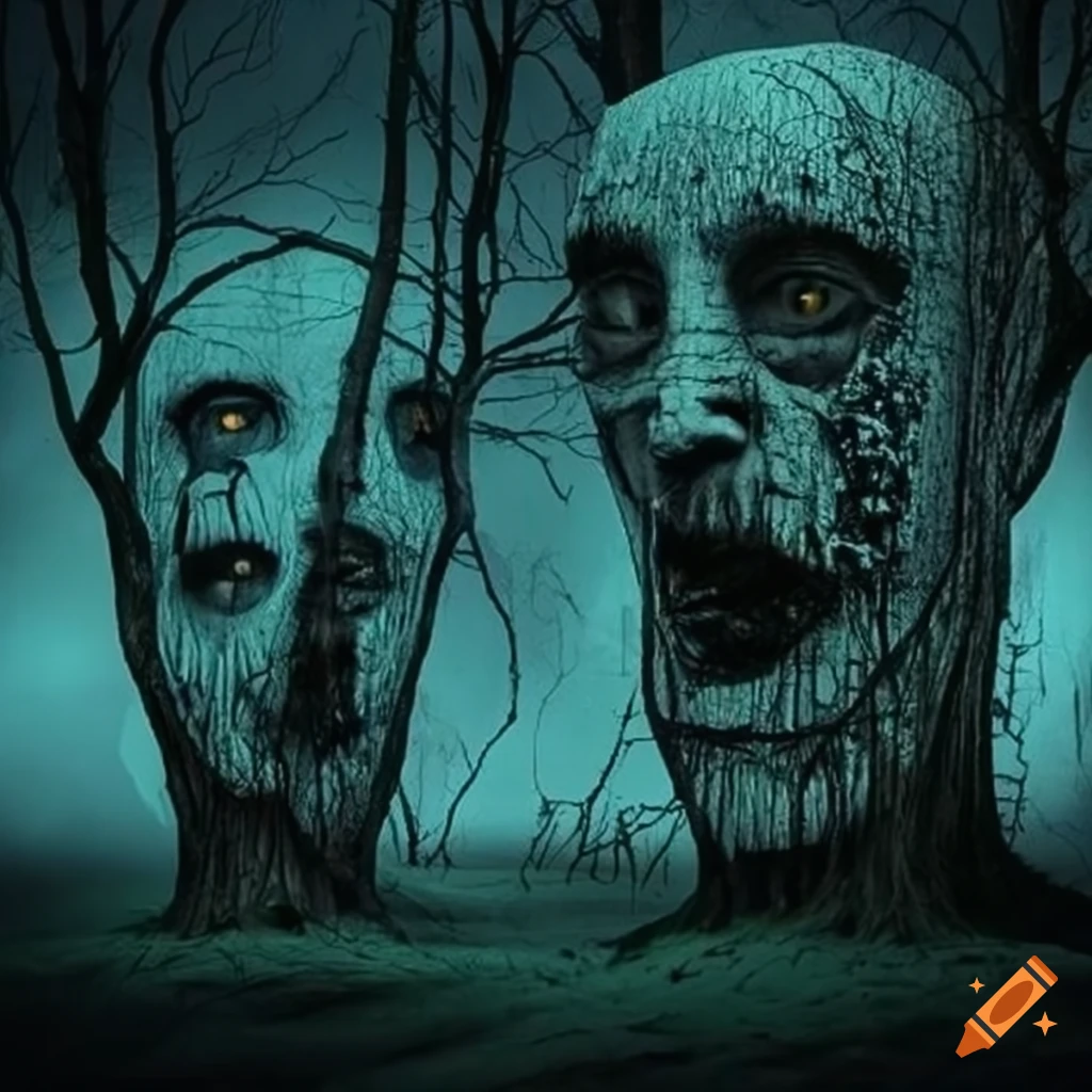 Creepy trees with faces at night on Craiyon