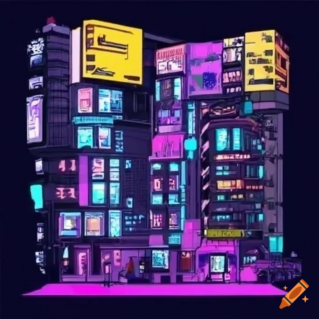 Cyberpunk building 2d anime on Craiyon