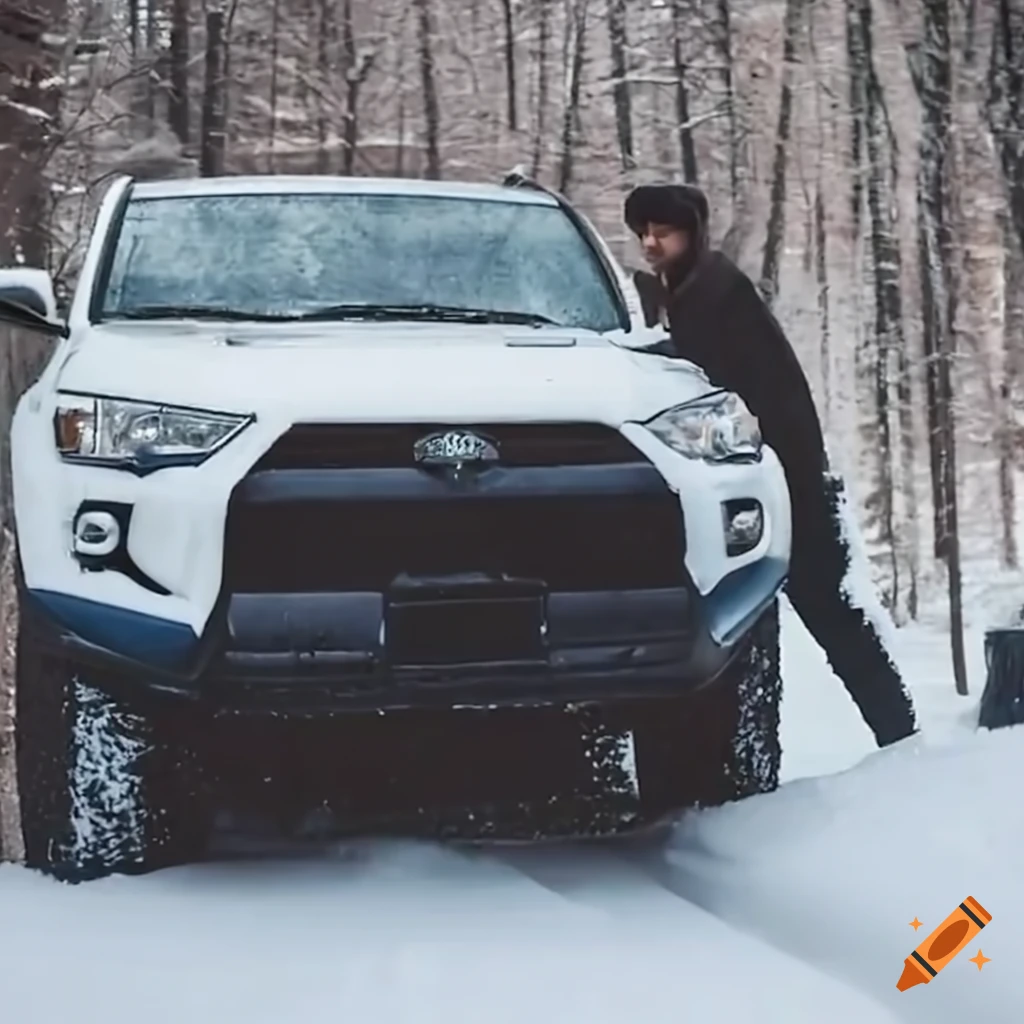 4runner stuck in the snow with a guy outside named joe looking sad