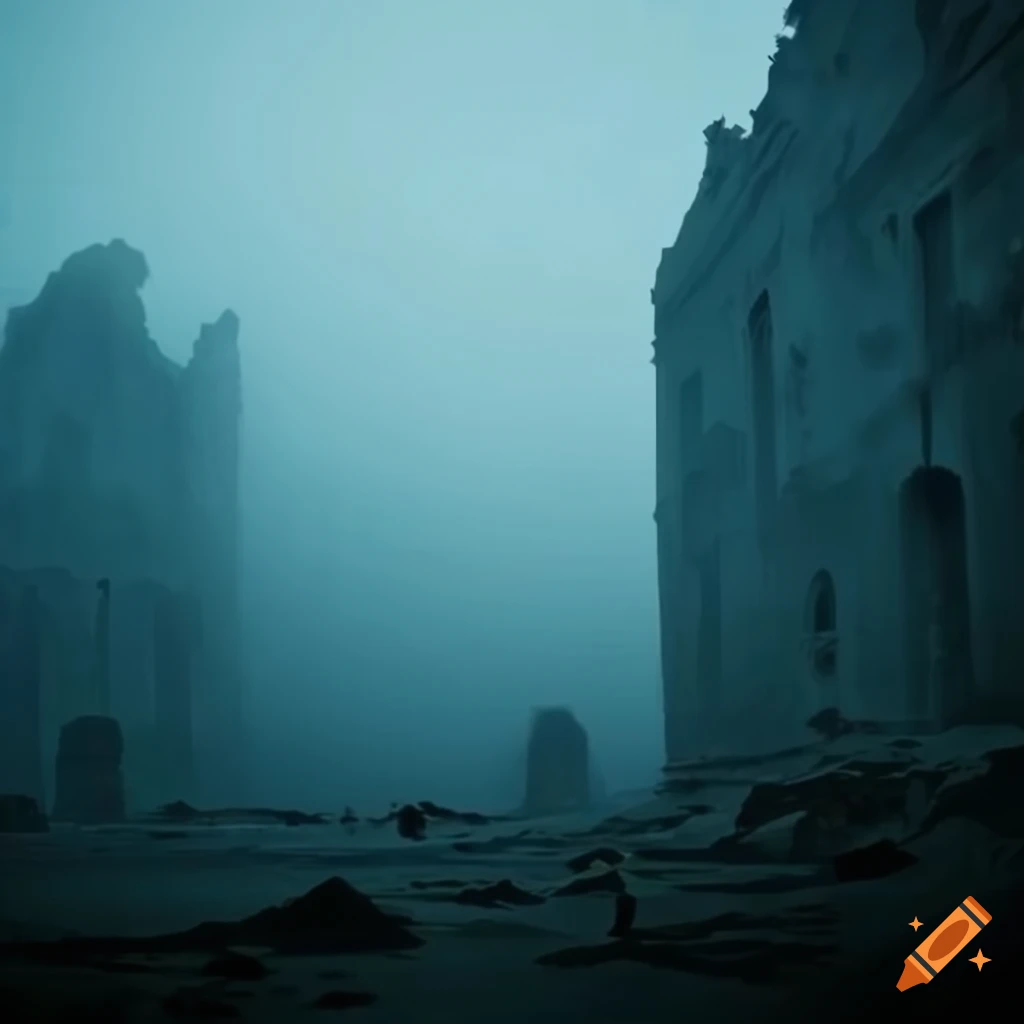 Ruins in fog on Craiyon