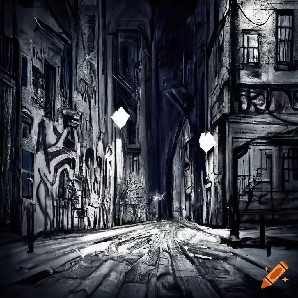 Wide shot of the dark and gritty city street at night, with graffiti ...