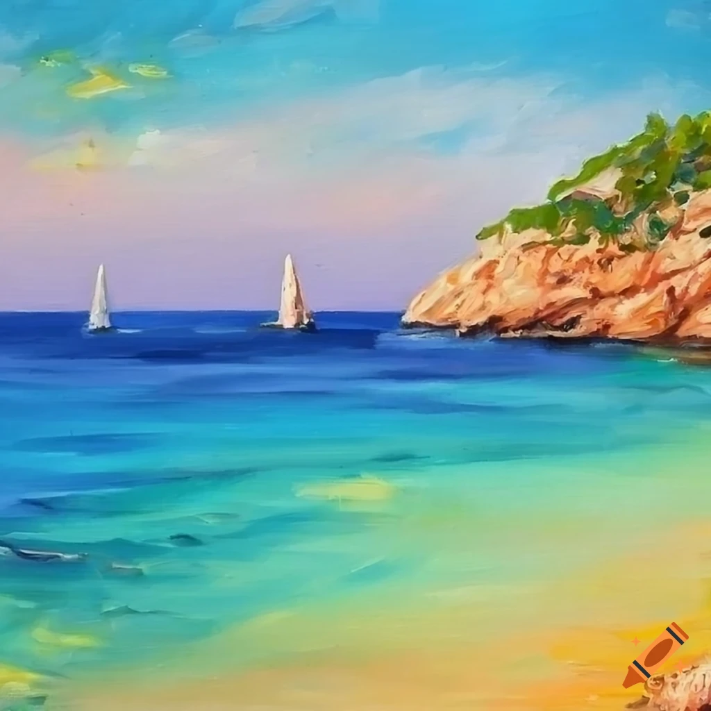 Oil painting of ibiza island in a sunny day with visible beach