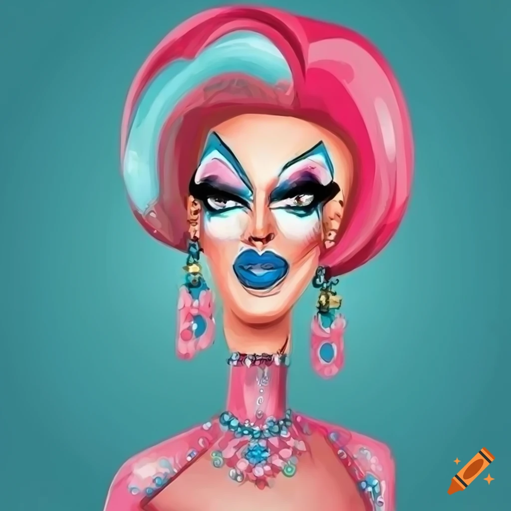 Cartoon Portrait Of A Drag Queen Dressed In Blue And Pink