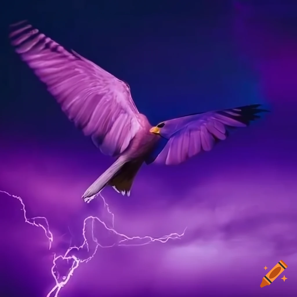 Large bird flying through a violet thunderstorm