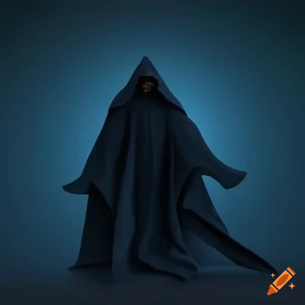 A dark and rippled cloak with hood floating and looking sideways ...