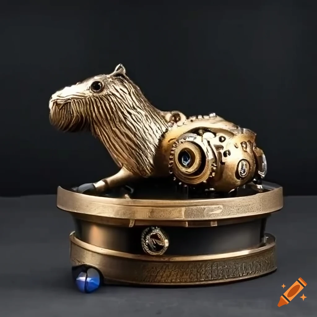 Steampunk mechanical capybara made of bronze-copper colored metallic ...
