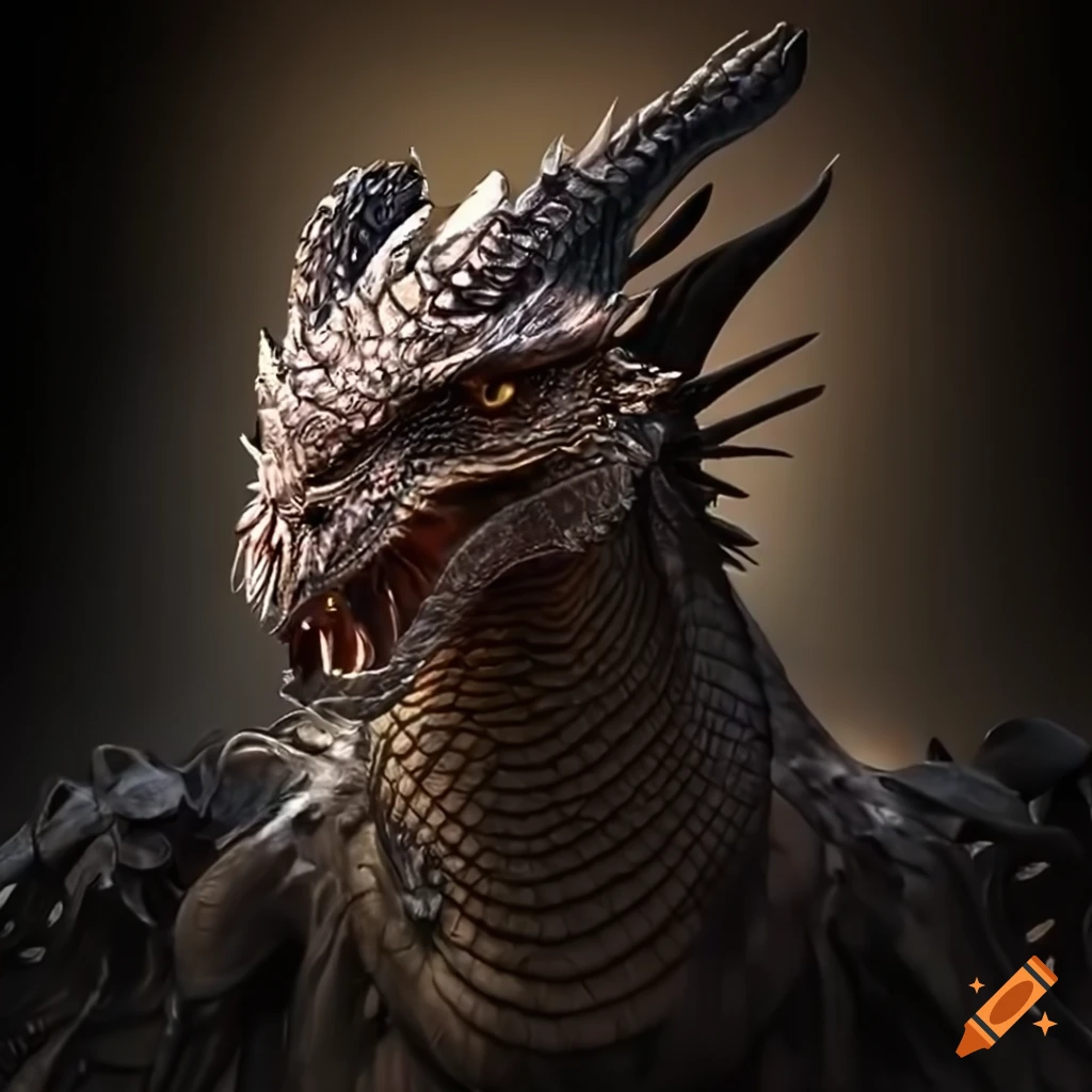 Dragon with a metal collar on the neck in 3d