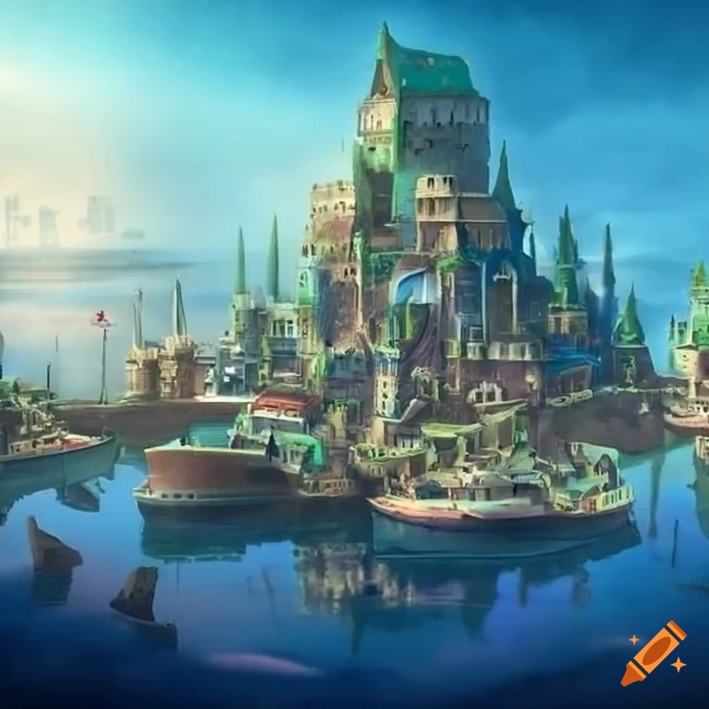 Fantasy city island with walls on perimeter and docks on the right side