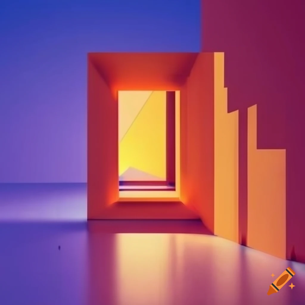 Minimalist architecture concept, orange and blue light contrast on Craiyon