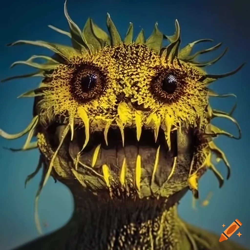 An eerie creature with a sunflower face and sharp teeth