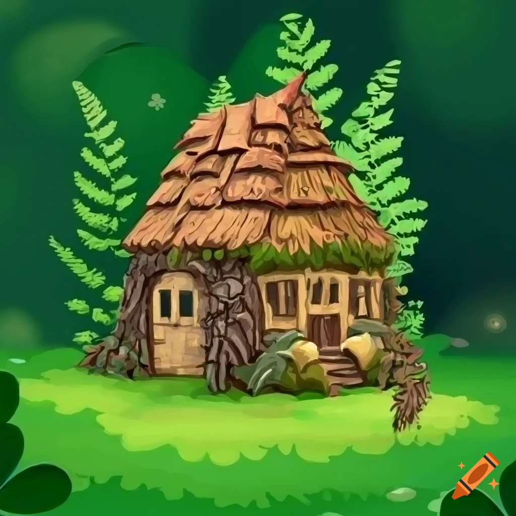 A cartoon image of a dwarf house made of fern and moss of bark has a ...