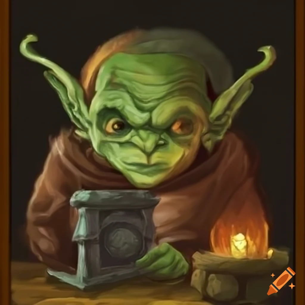 A sneaky goblin protecting a hidden treasure in a magical realm on Craiyon