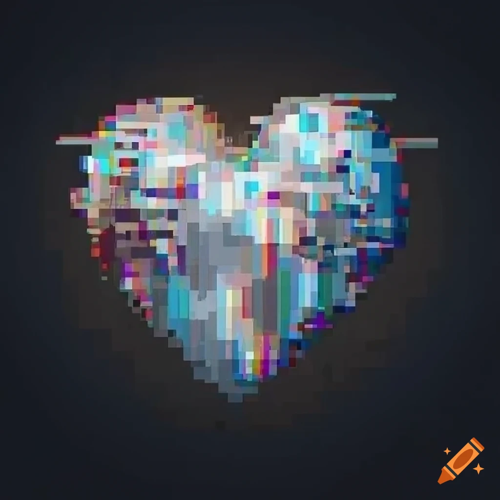 Pixel art, a floating glitched platinum stylized heart icon in the ...