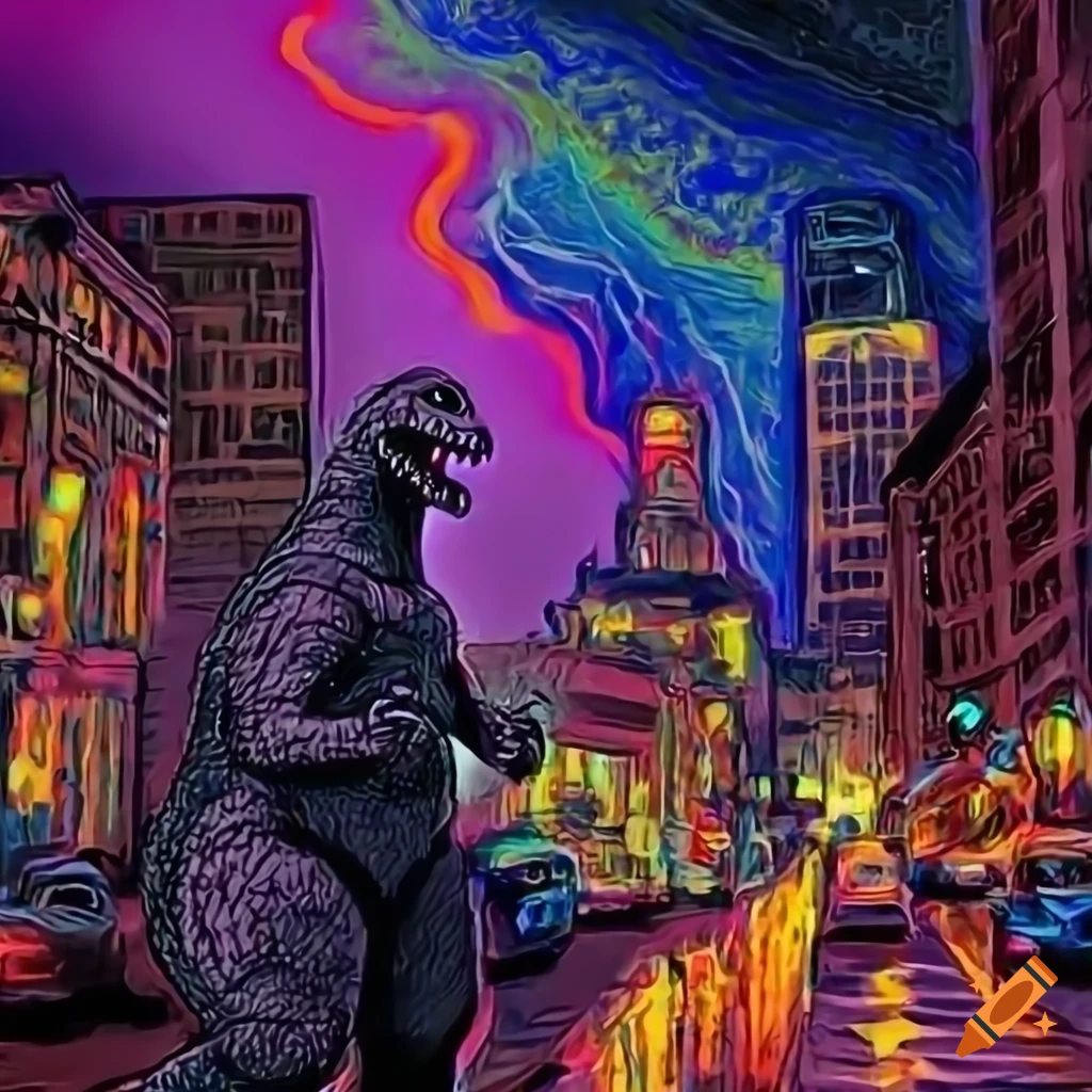 Godzilla and SpaceGodzilla walking down a very busy city street with ...