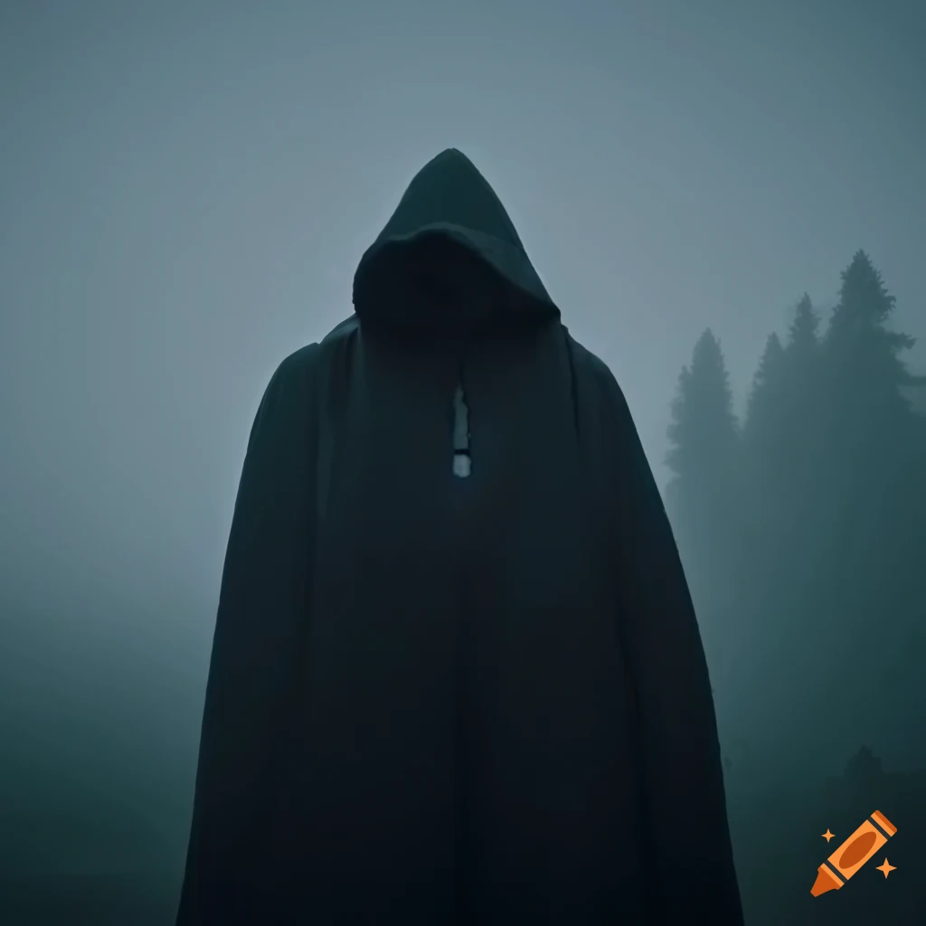 Hooded wizards joined together in a circle, enclosed by a foggy sky ...