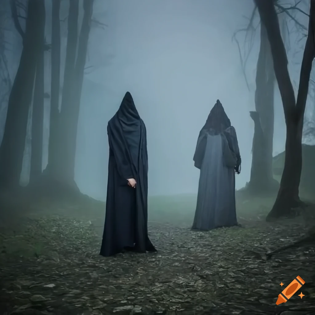 Hooded wizards joined together in a circle, enclosed by a foggy sky ...