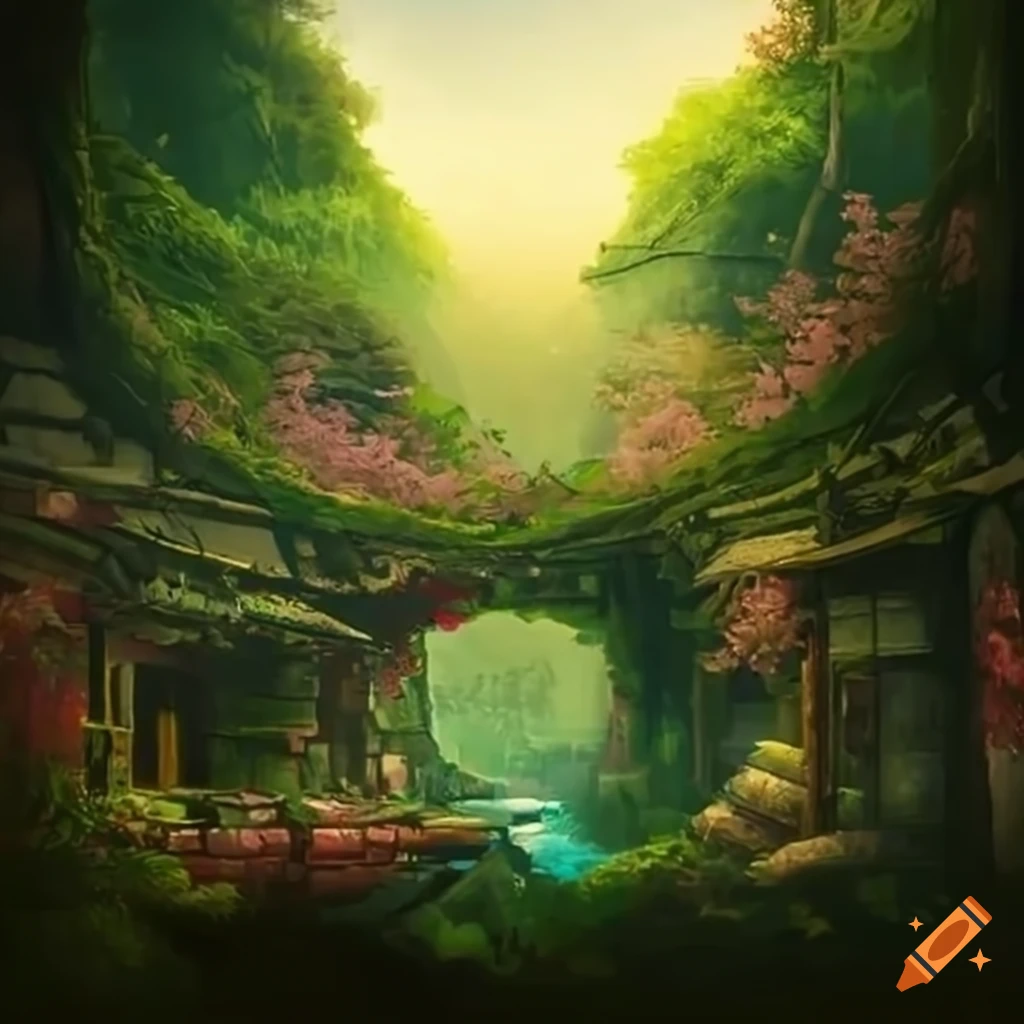 An overgrown fantasy village with a cherry blossom tree at its core