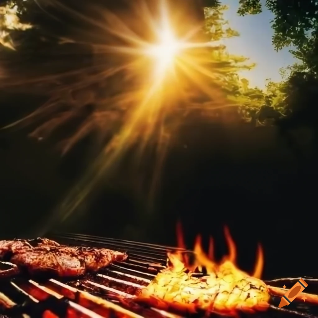 Riverside barbeque sun photorealism