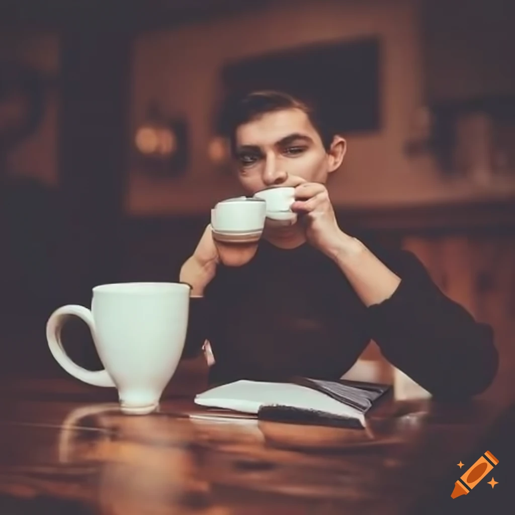 Man drinking coffee and writing