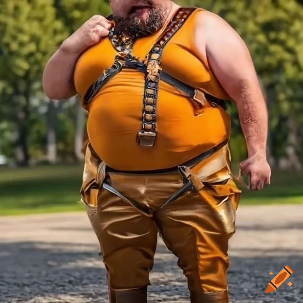 Fat worker man red bearded brown harness golden waders golden boots in sun