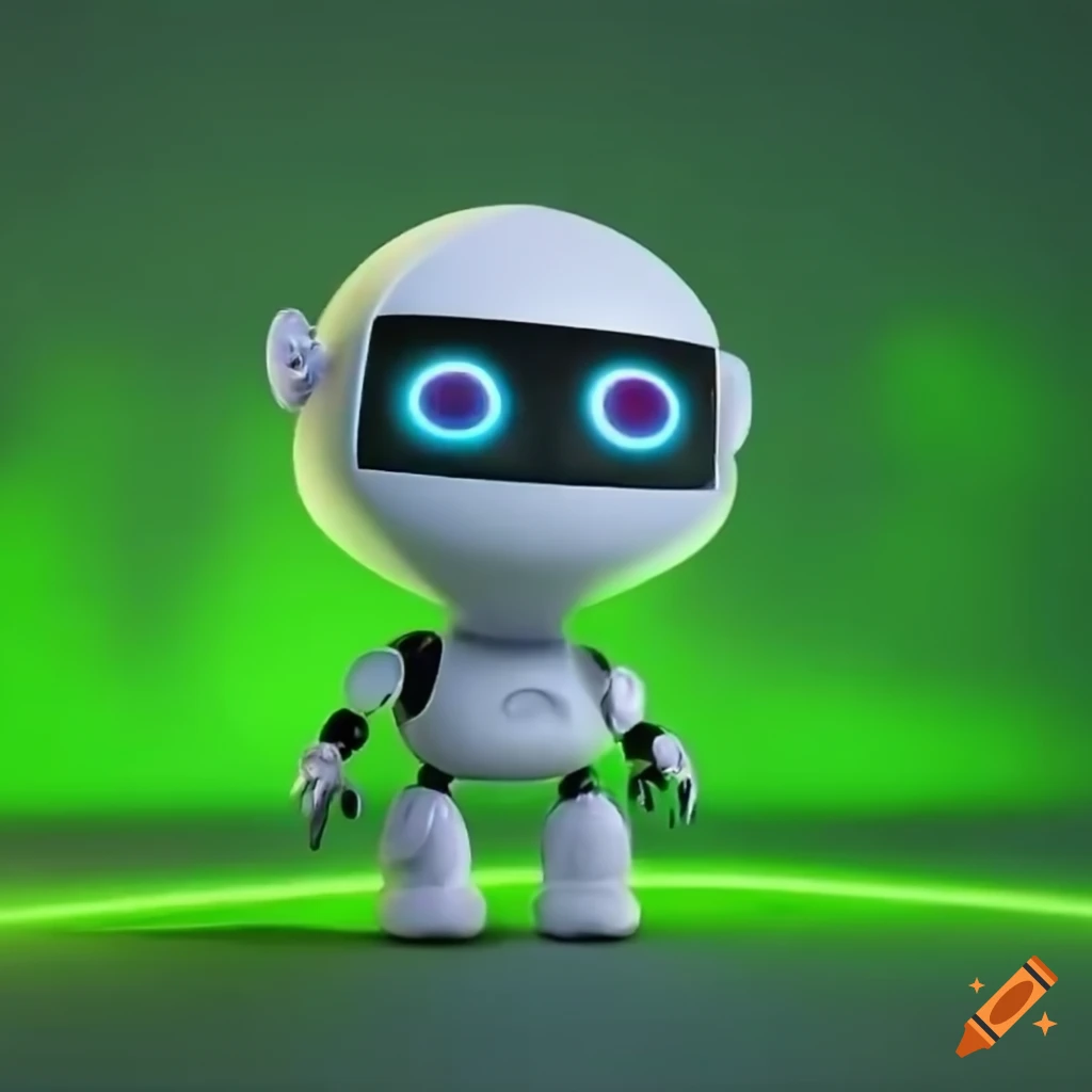 Little cute white robot with greenish emerald screen who has no legs ...