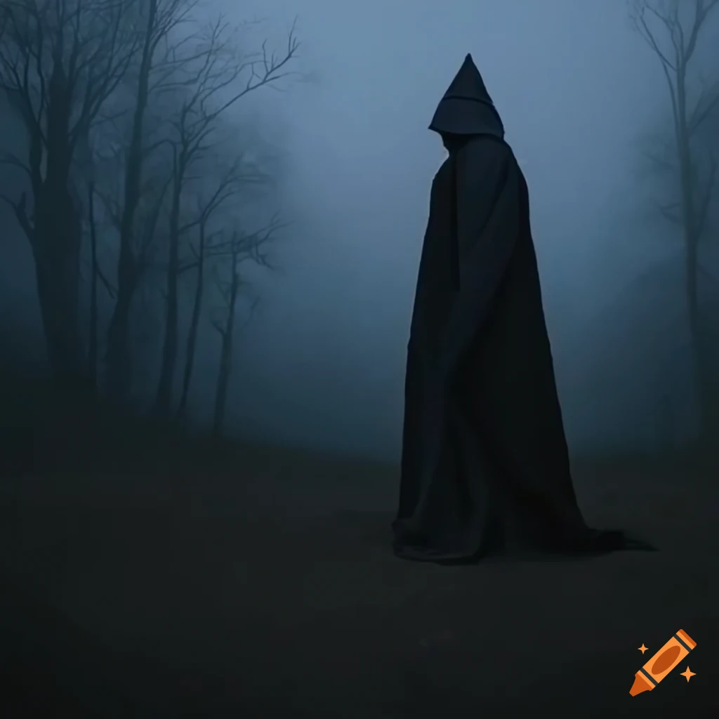 Hooded wizards joined together in a circle, enclosed by a foggy sky ...