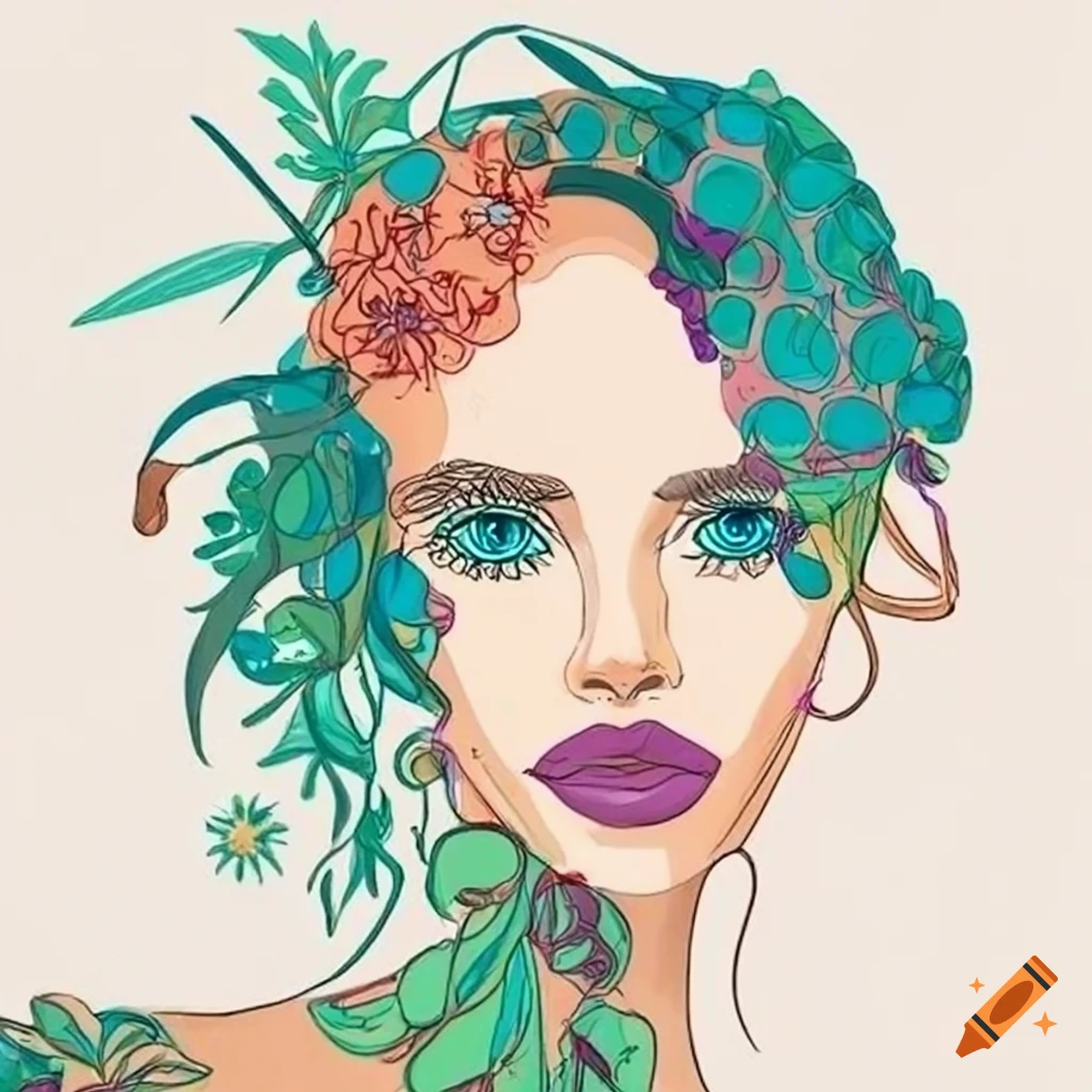 Line drawing of woman dressed in nature