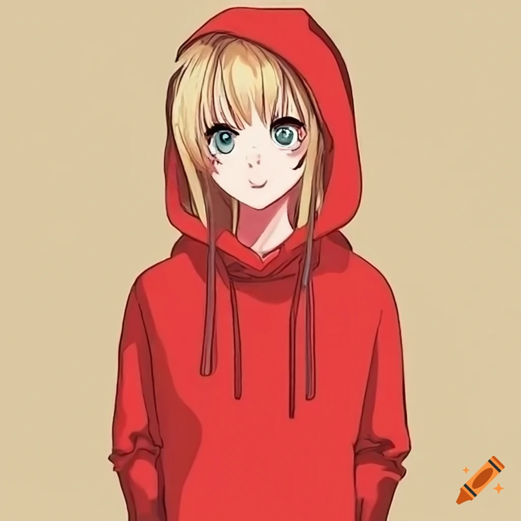 A young woman, blonde, in a red hoodie