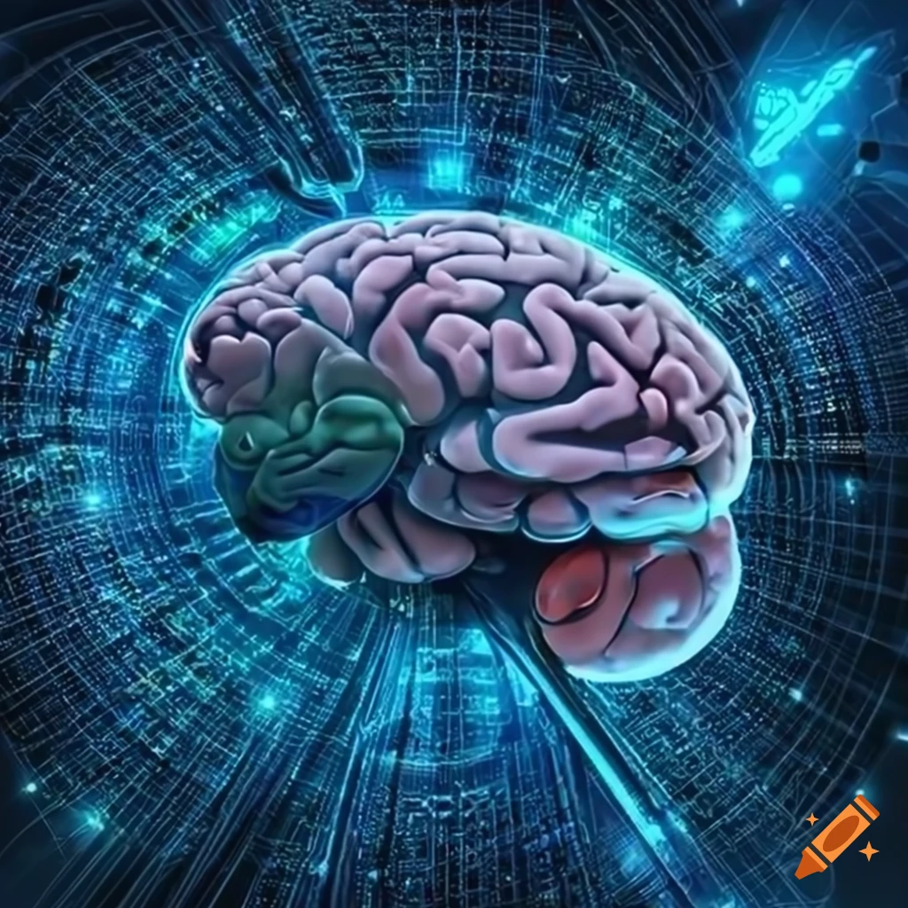 Conceptual illustration of human brain meshed with futuristic technology