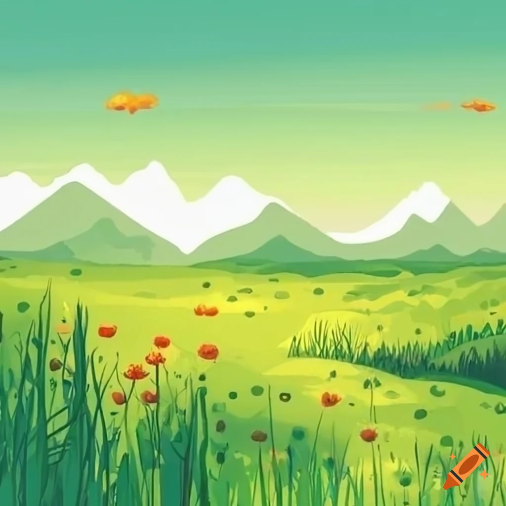 Meadow, green grass, flowers, mountains in background on Craiyon