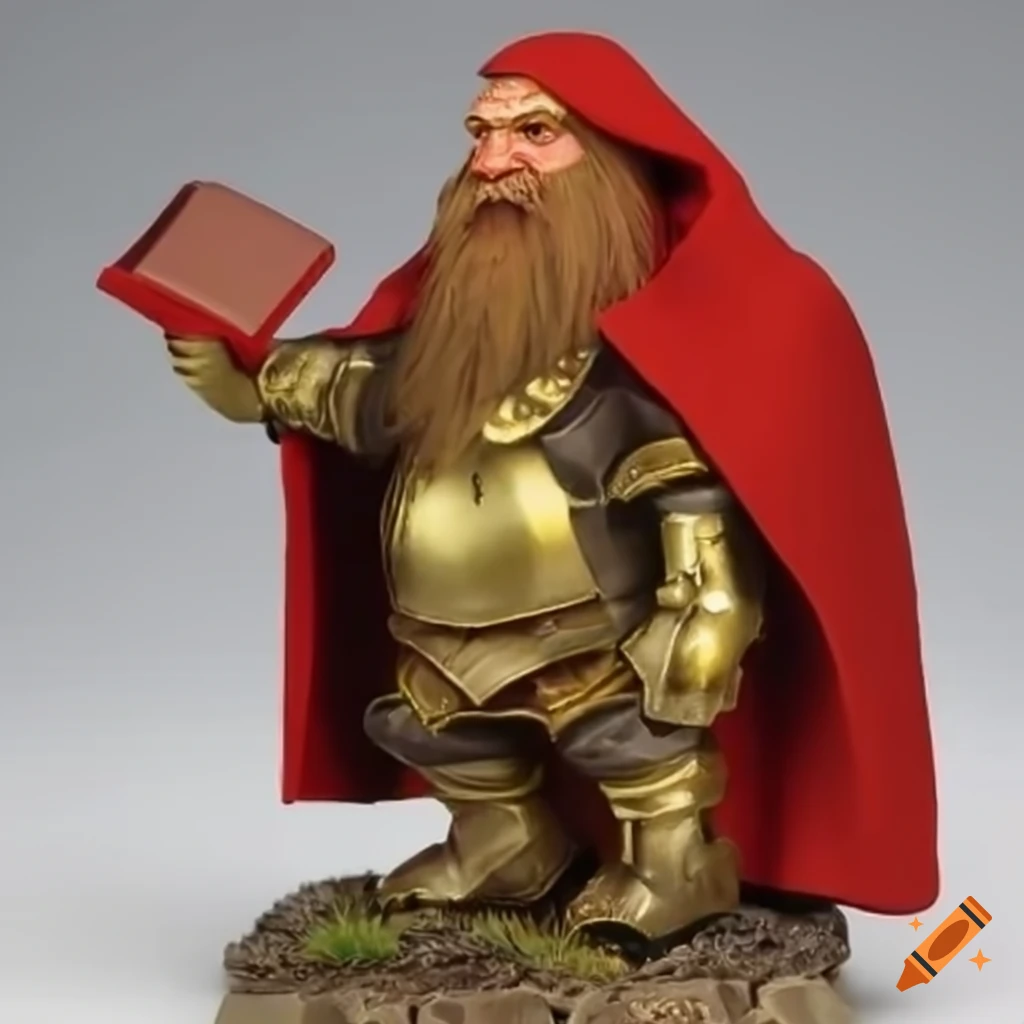 Dwarf with golden armor, red cape, holding a book on Craiyon