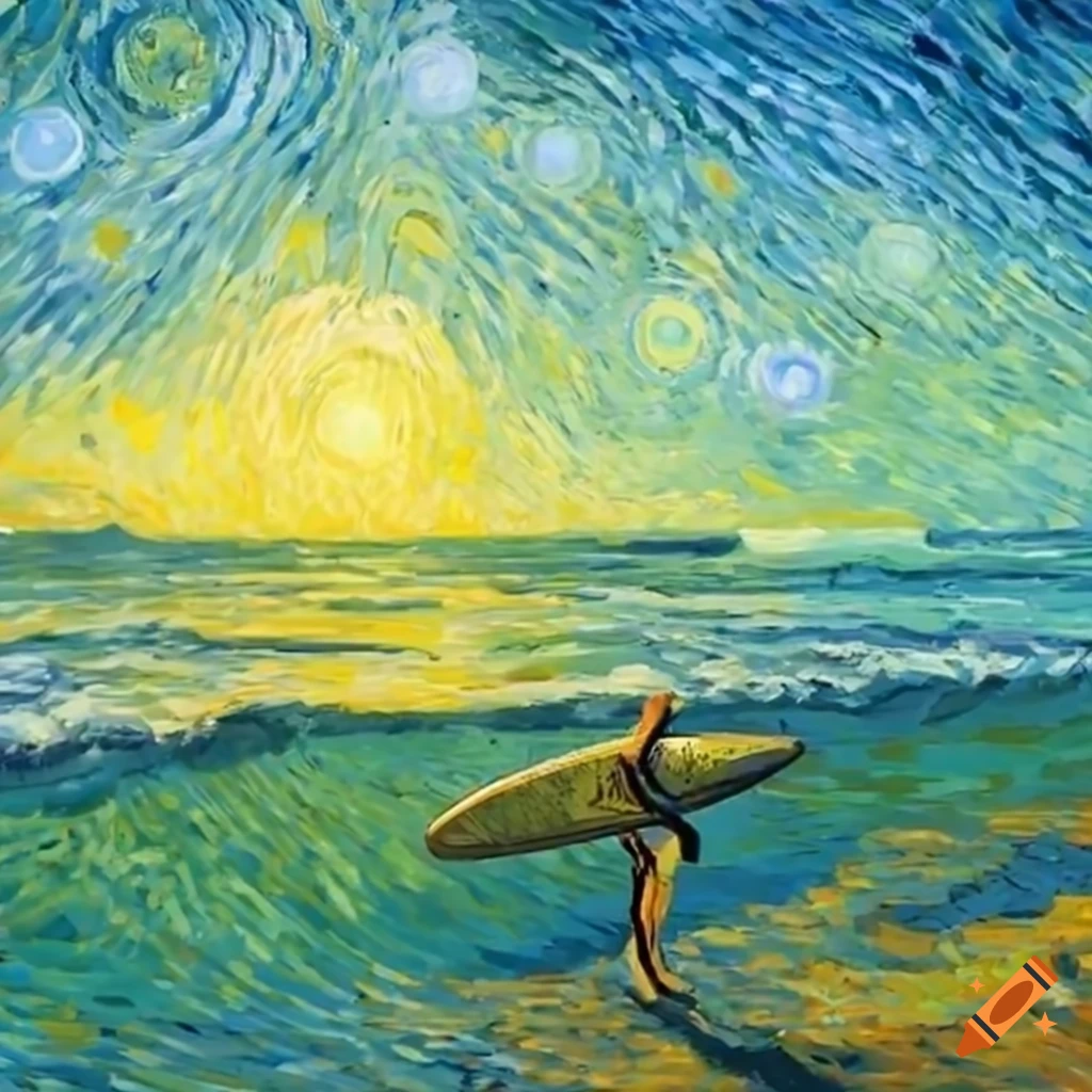 A serene beach with a surfer under a vincent van gogh-inspired sky on ...