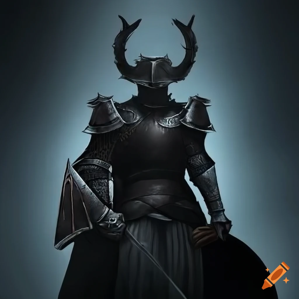 Knight in dark armor with horns on his shoulder pads and leggings