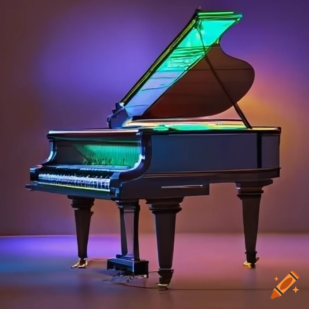 A grand piano in a concert hall illuminated by colored light